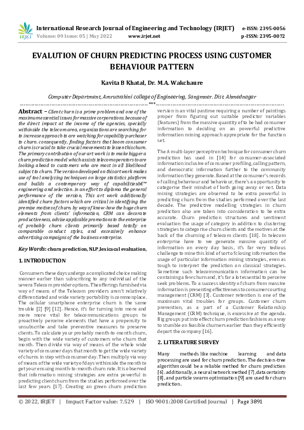 Pdf Evalution Of Churn Predicting Process Using Customer Behaviour Pattern
