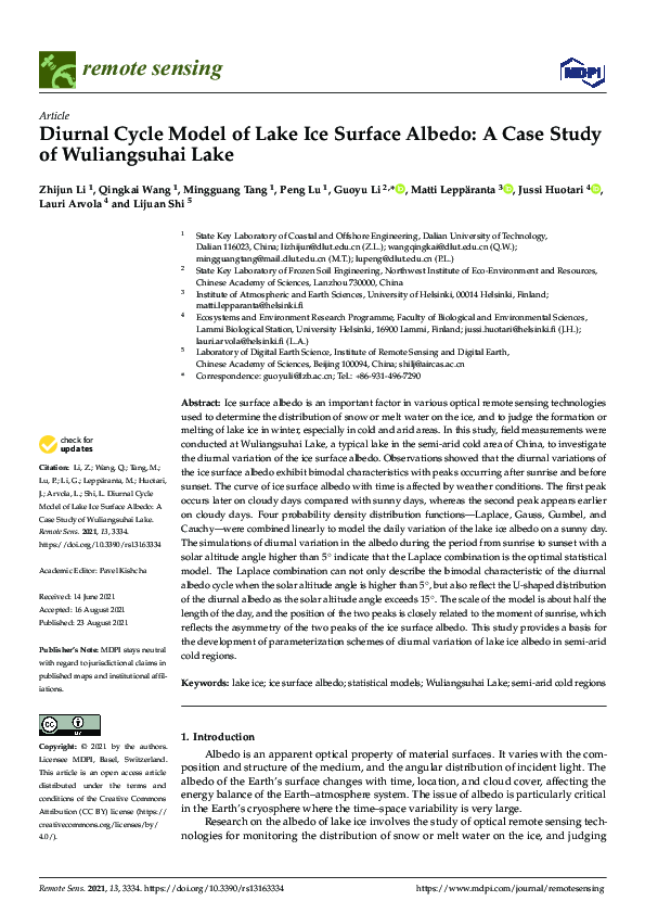 (PDF) Diurnal Cycle Model of Lake Ice Surface Albedo: A Case Study of ...