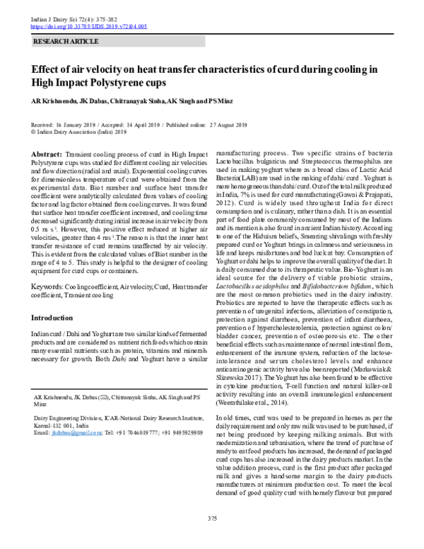 (PDF) Effect of air velocity on heat transfer characteristics of curd ...