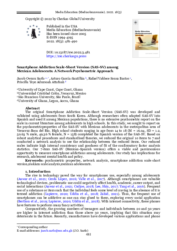 (PDF) Smartphone Addiction Scale-Short Version (SAS-SV) among Mexican ...