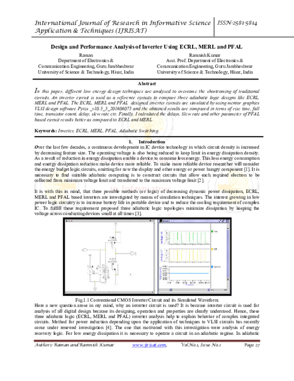 (PDF) Design and Performance Analysis of Inverter Using ECRL, MERL and PFAL