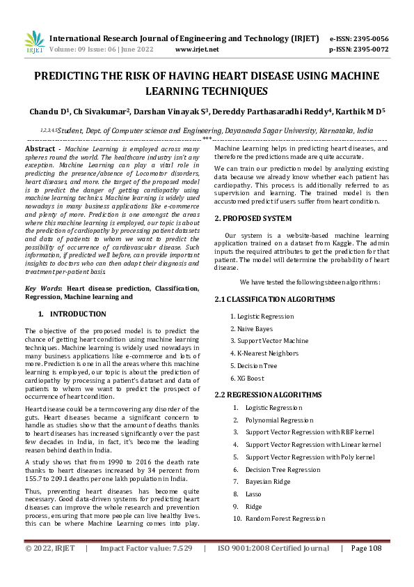 (PDF) PREDICTING THE RISK OF HAVING HEART DISEASE USING MACHINE LEARNING TECHNIQUES