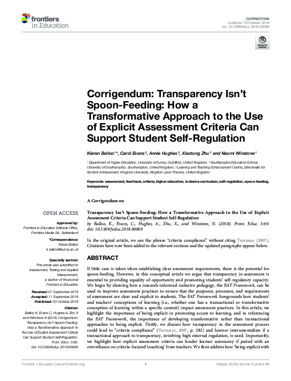 (PDF) Corrigendum: Transparency Isn't Spoon-Feeding: How a Transformative Approach to the Use of ...
