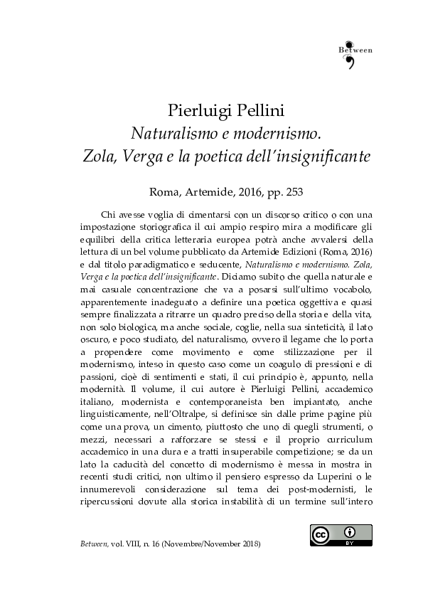 (PDF) P. Pellini, Naturalismo e modernismo. Zola, Verga e la poetica dell’insignificante, Oblio