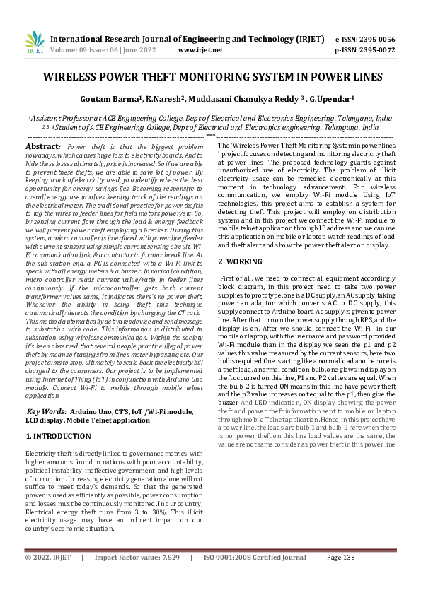 (PDF) WIRELESS POWER THEFT MONITORING SYSTEM IN POWER LINES