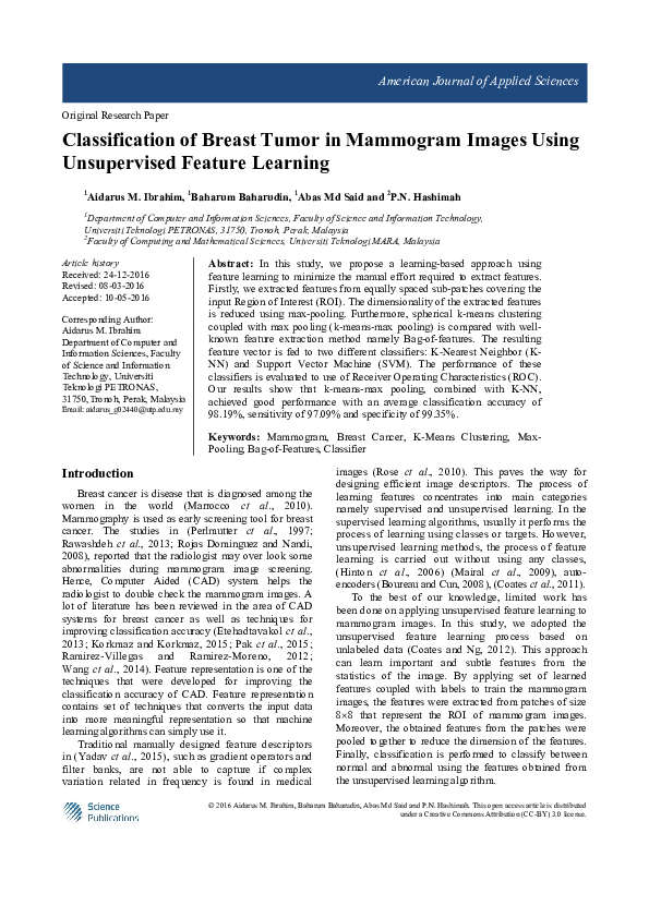 (PDF) Classification of Breast Tumor in Mammogram Images Using Unsupervised Feature Learning