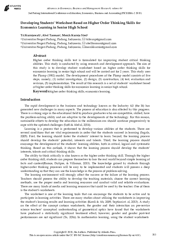 (PDF) Developing Students’ Worksheet Based on Higher Order Thinking Skills for Economics ...