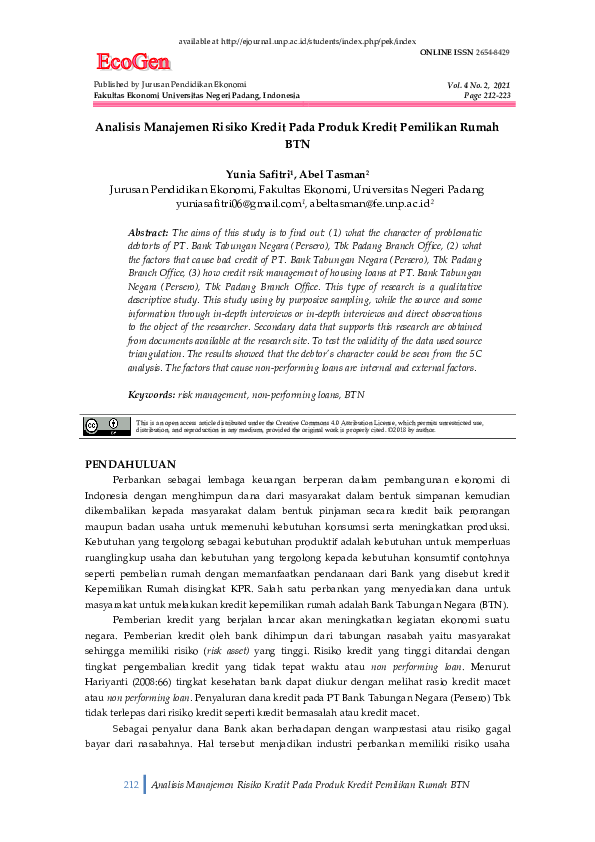 (PDF) Analisis Manajemen Risiko Kredit Pada Produk Kredit Pemilikan Rumah BTN