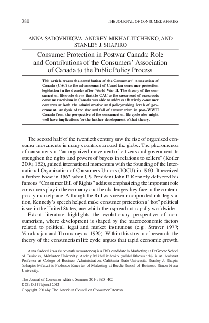 (PDF) Consumer Protection in Postwar Canada: Role and Contributions of ...