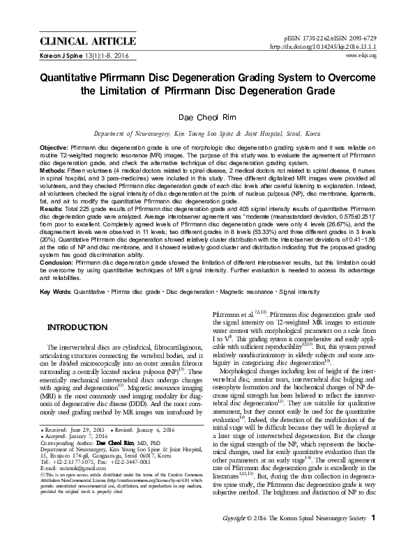 (PDF) Quantitative Pfirrmann Disc Degeneration Grading System to ...