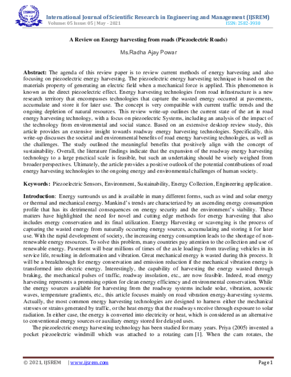 (PDF) A Review on Energy harvesting from roads ( Piezoelectric Roads )