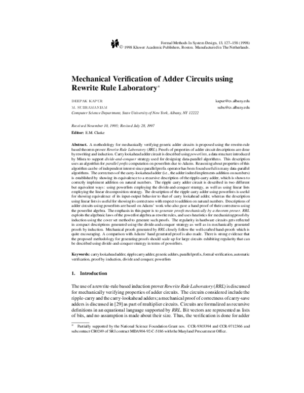 (PDF) Mechanical Verification of Adder Circuits using Rewrite Rule Laboratory