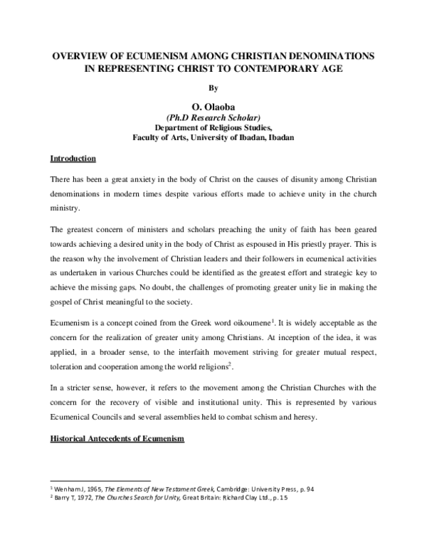 (PDF) OVERVIEW OF ECUMENISM AMONG CHRISTIAN DENOMINATIONS IN ...