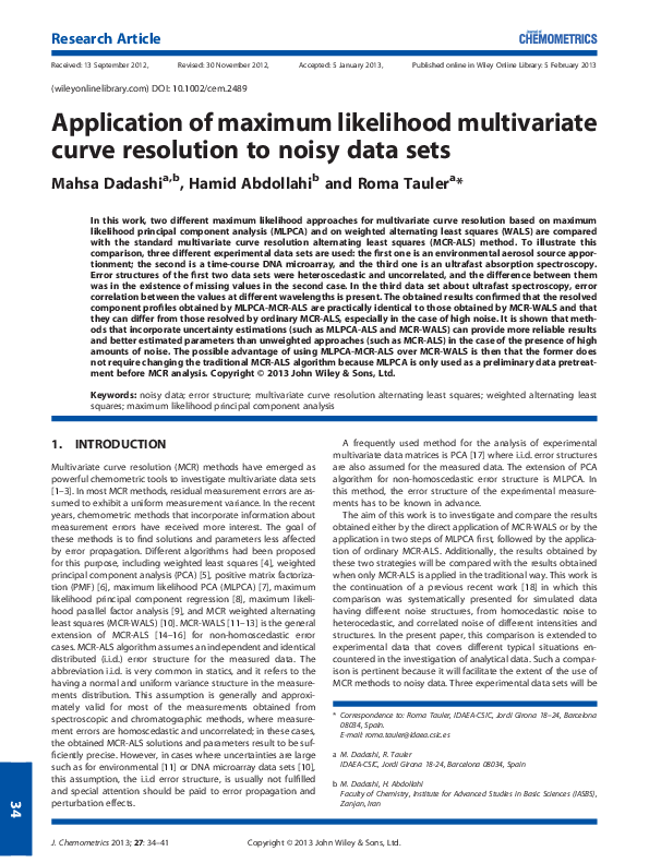 (PDF) Application of maximum likelihood multivariate curve resolution to noisy data sets