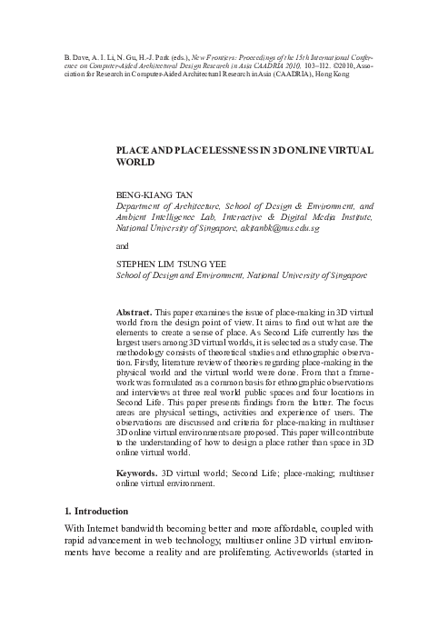 (PDF) Place and placelessness in 3D online virtual world