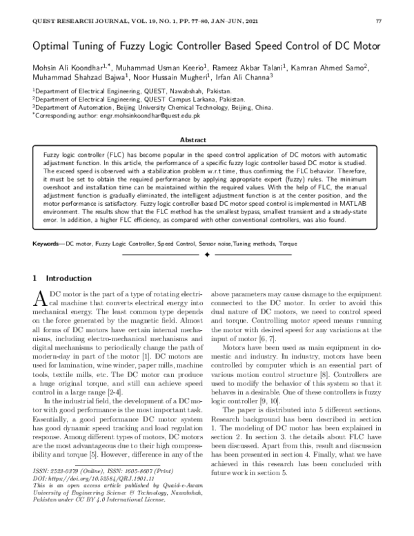 (PDF) Optimal Tuning of Fuzzy Logic Controller Based Speed Control of DC Motor