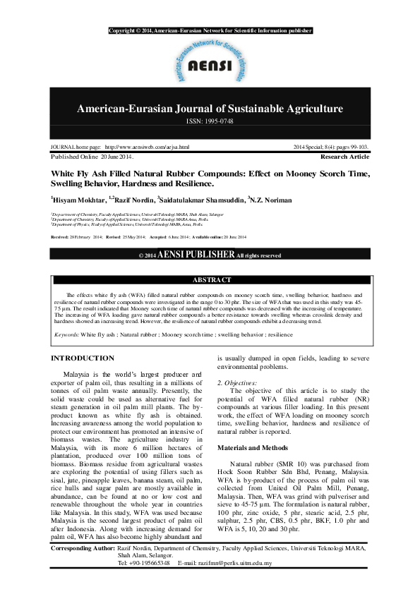 (PDF) White fly ash filled natural rubber compounds: effect on Mooney ...