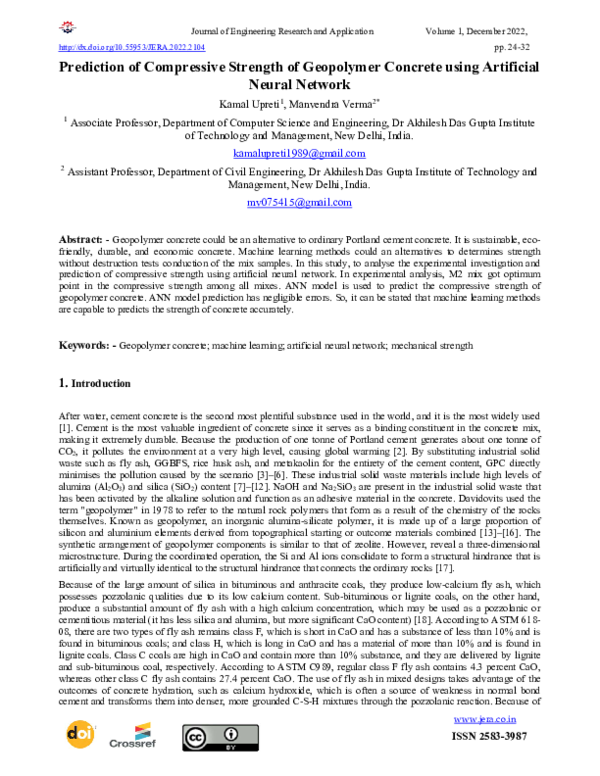 Pdf Prediction Of Compressive Strength Of Geopolymer Concrete Using Artificial Neural Network