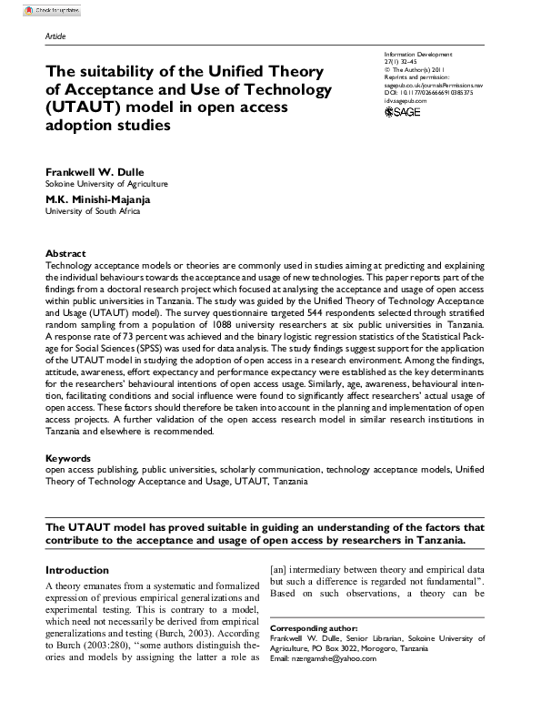 (PDF) The suitability of the Unified Theory of Acceptance and Use of Technology (UTAUT) model in ...