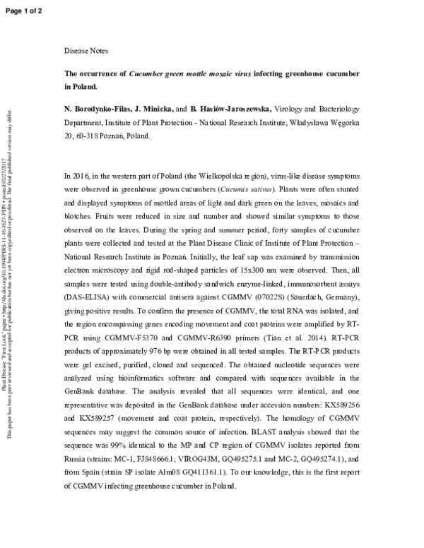 (PDF) Occurrence of Cucumber green mottle mosaic virus on ...
