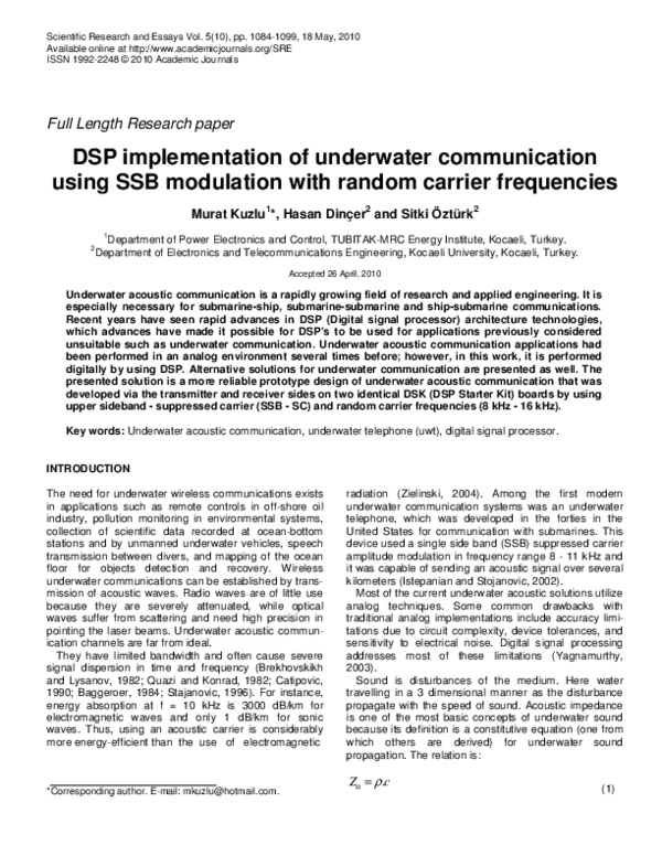 (PDF) DSP implementation of underwater communication using SSB modulation with random carrier ...