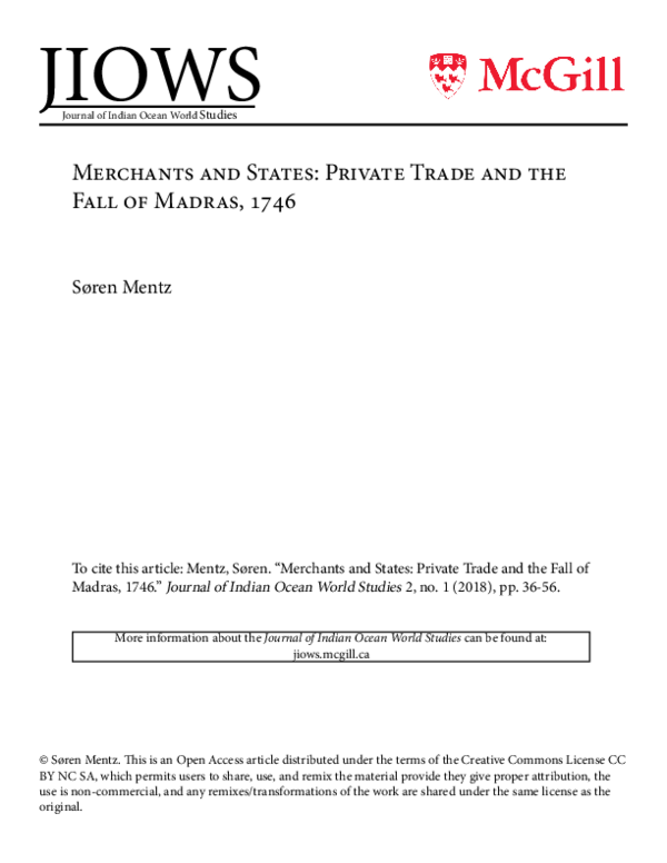 (PDF) Merchants and States: Private Trade and the Fall of Madras, 1746