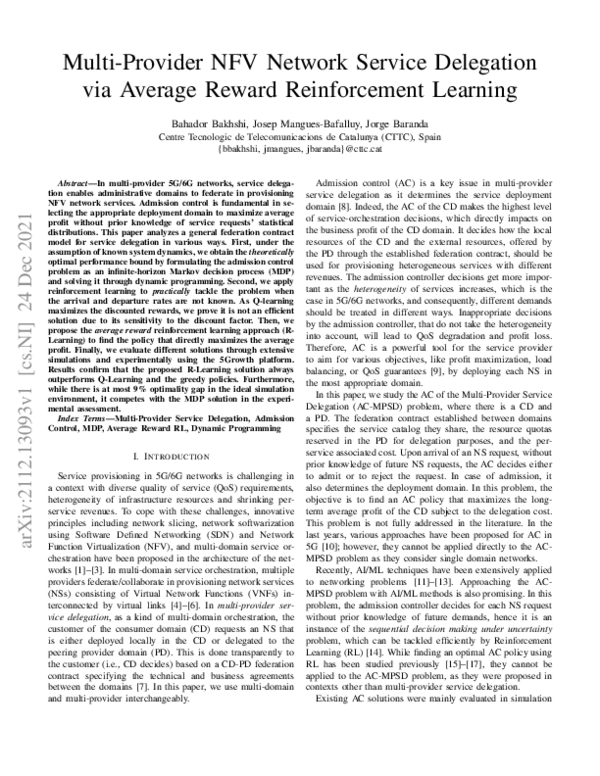 (PDF) Multi-Provider Nfv Network Service Delegation Via Average Reward ...