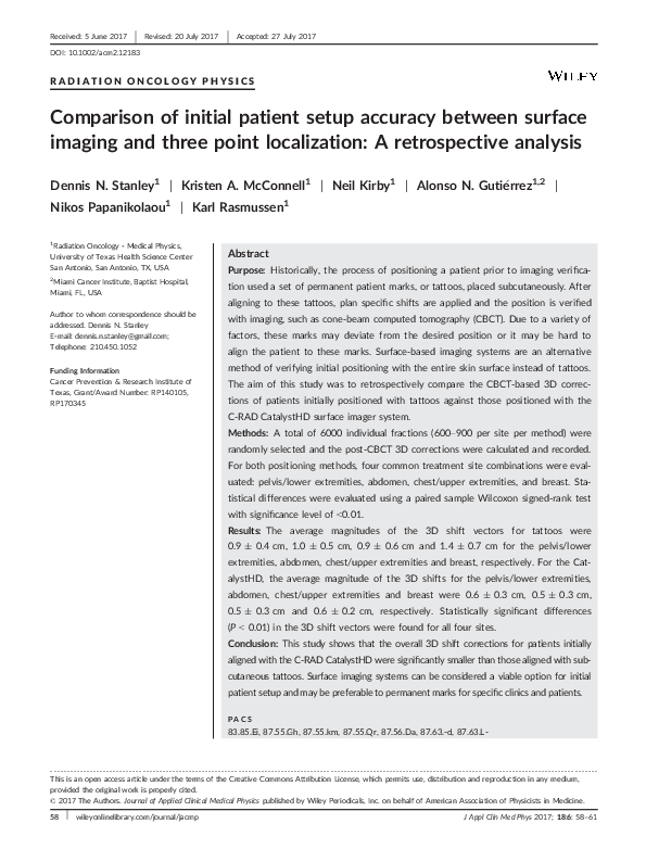 Pdf Comparison Of Initial Patient Setup Accuracy Between Surface Imaging And Three Point