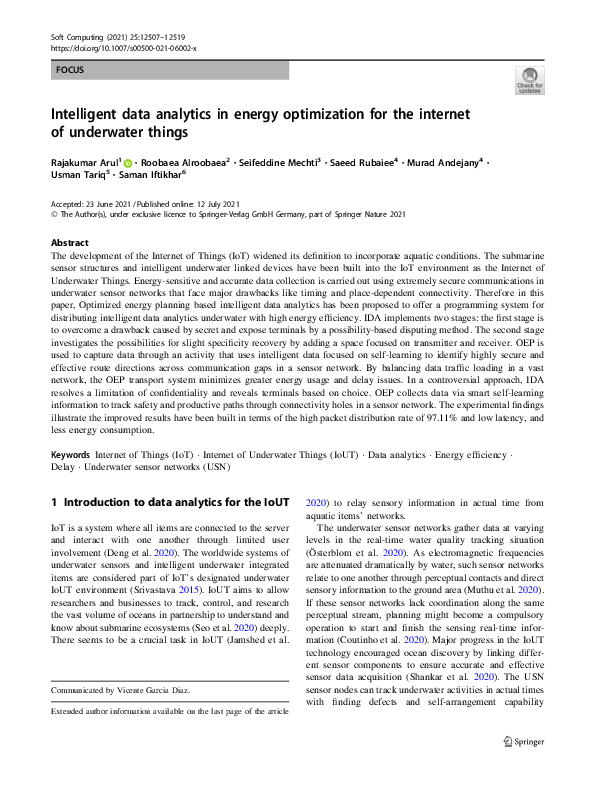 Pdf Intelligent Data Analytics In Energy Optimization For The Internet Of Underwater Things