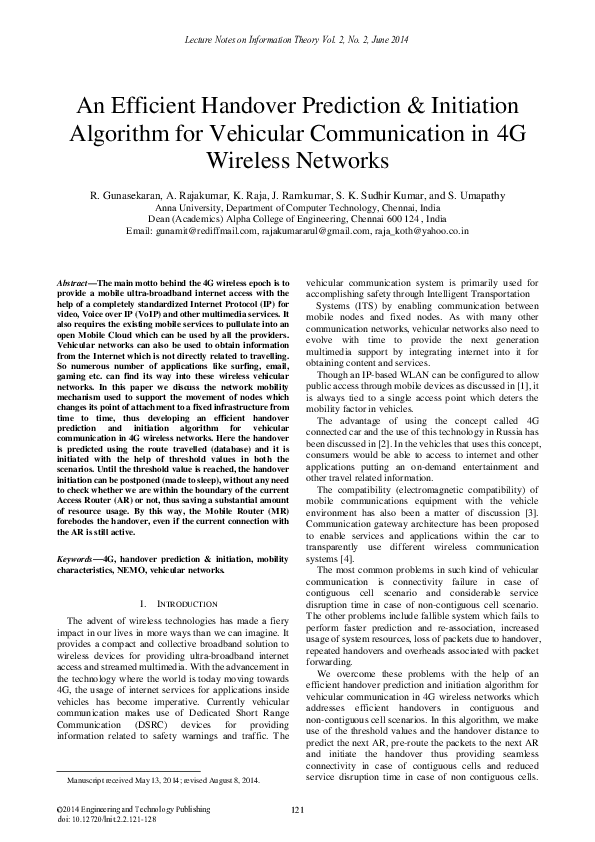 Pdf An Efficient Handover Prediction And Initiation Algorithm For Vehicular Communication In 4g