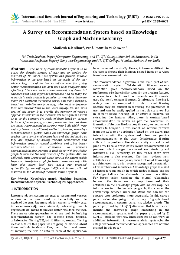 Pdf A Survey On Recommendation System Based On Knowledge Graph And Machine Learning