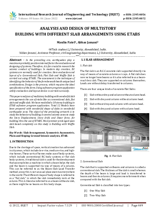 Pdf Analysis And Design Of Multistory Building With Different Slab Arrangements Using Etabs