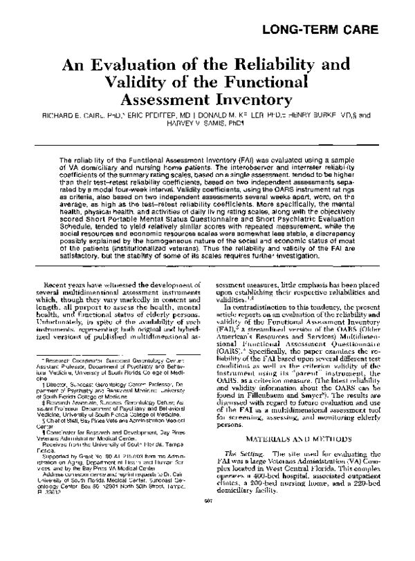 (PDF) An Evaluation of the Reliability and Validity of the Functional Assessment Inventory