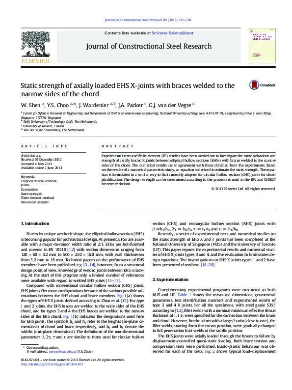(PDF) Static strength of axially loaded EHS X-joints with braces welded ...