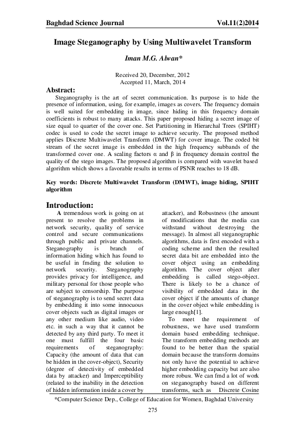 (PDF) Image Steganography by Using Multiwavelet Transform