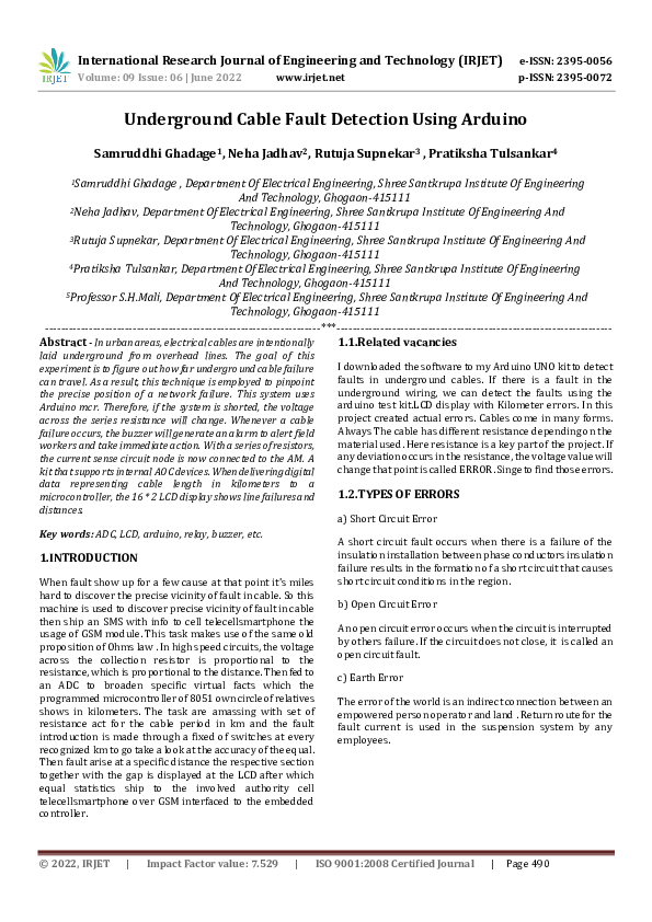 Pdf Underground Cable Fault Detection Using Arduino