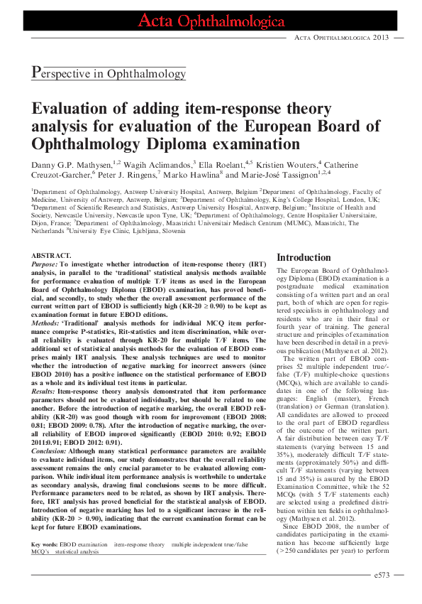 (PDF) Evaluation of adding item-response theory analysis for evaluation of the European Board of ...
