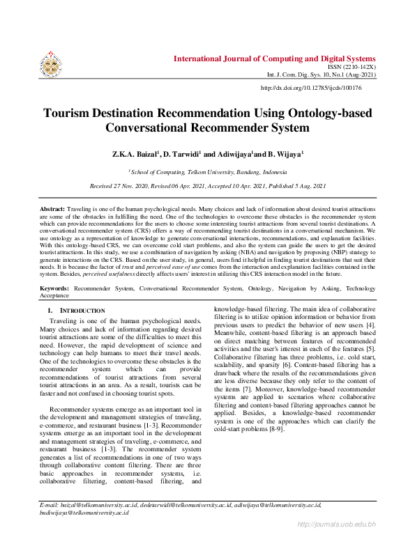(PDF) Tourism Destination Recommendation Using Ontology-based Conversational Recommender System