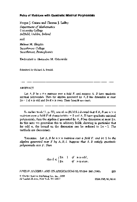 (PDF) Pairs of matrices with quadratic minimal polynomials | Thomas J Laffey - Academia.edu