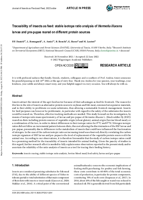 (PDF) Traceability of insects as feed: stable isotope ratio analysis of ...