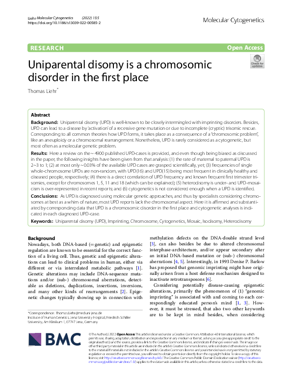 (PDF) Uniparental disomy is a chromosomic disorder in the first place