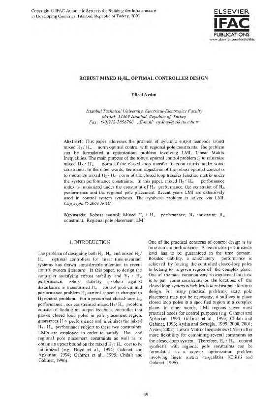 Pdf Robust Mixed H 2 H ∞ Optimal Controller Design Yücel Aydin