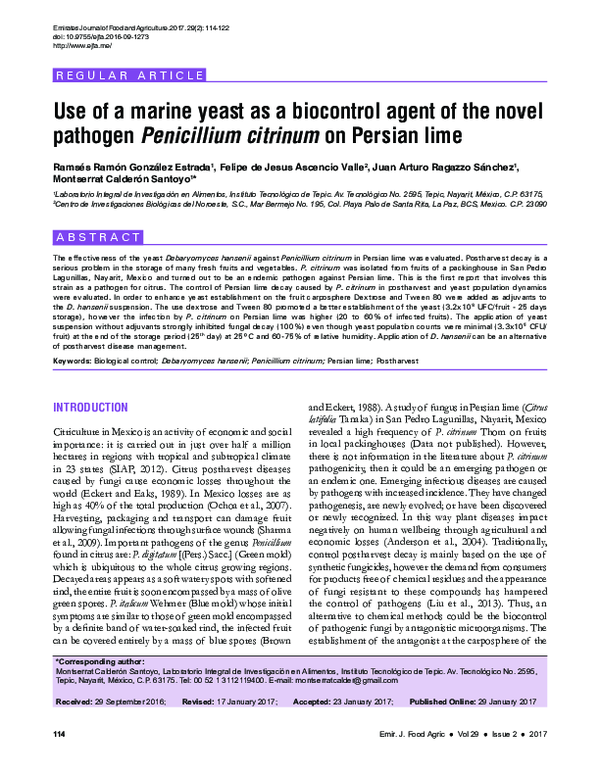 (PDF) Use of a marine yeast as a biocontrol agent of the novel pathogen Penicillium citrinum on ...