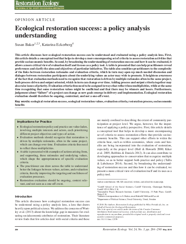(PDF) Ecological restoration success: a policy analysis understanding