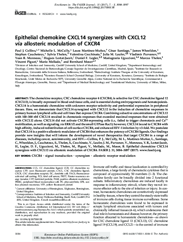 (PDF) Epithelial chemokine CXCL14 synergizes with CXCL12 via allosteric ...