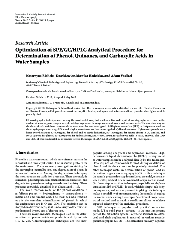 (PDF) Optimization of SPE/GC/HPLC Analytical Procedure for Determination of Phenol, Quinones ...
