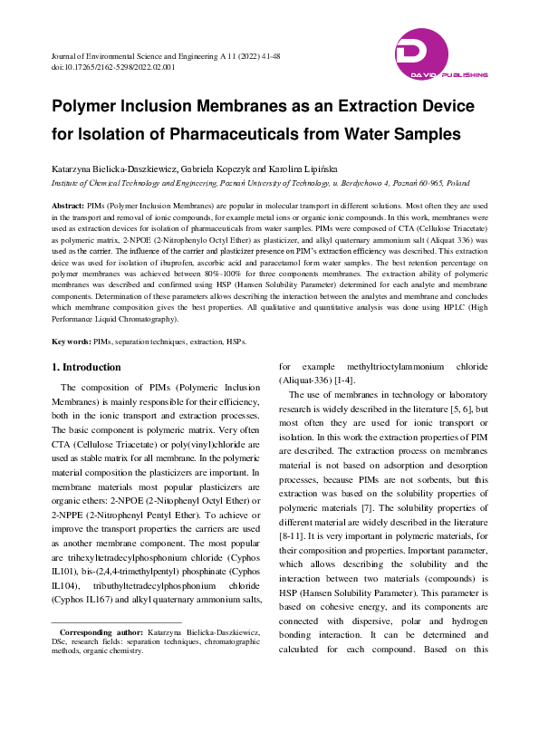 (PDF) Polymer Inclusion Membranes as an Extraction Device for Isolation ...