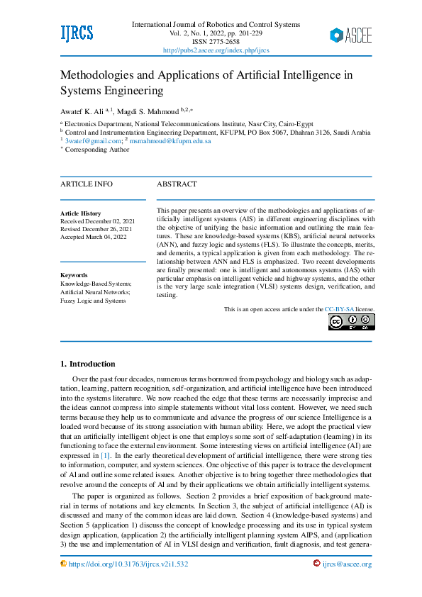 (PDF) Methodologies and Applications of Artificial Intelligence in Systems Engineering