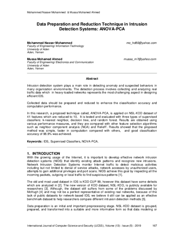 (PDF) Data Preparation and Reduction Technique in Intrusion Detection Systems: ANOVA-PCA