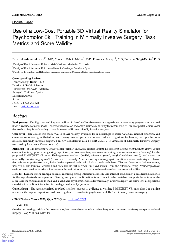 (PDF) Use of a Low-Cost Portable 3D Virtual Reality Simulator for Psychomotor Skill Training in ...